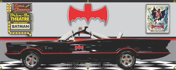 1966 BATMOBILE MOVIE SIGN AND POSTER BACKGROUND CAR GARAGE SCENE SIDE ...