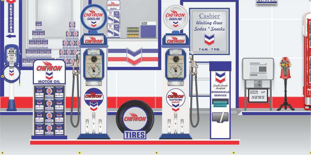 CHEVRON RETRO OLD GAS PUMP GAS STATION SCENE WALL MURAL SIGN BANNER GA ...