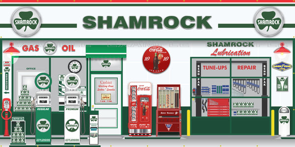 SHAMROCK OLD GAS PUMP GAS STATION SCENE WALL MURAL SIGN BANNER GARAGE ...