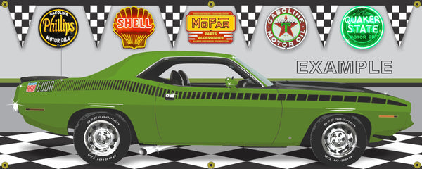 1970 PLYMOUTH AAR CUDA LIME GREEN FF4 CAR GARAGE SCENE SIDE VIEW BANNE ...